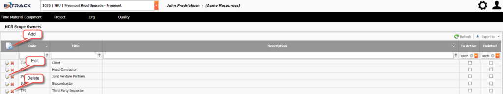 Quality – NCR – Scope Owners – ExTrack